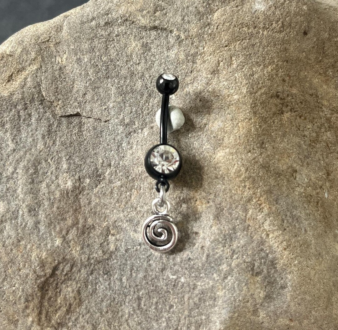 Silver Swirl Spiral Black Gem Goth Alt Navel Aesthetic Dangle Button ...