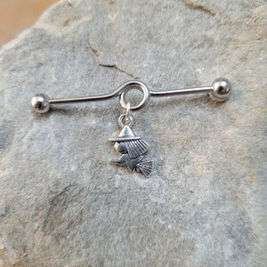 Tiny Witch on Broom Halloween Silver Industrial Barbell Piercing Dangle ...