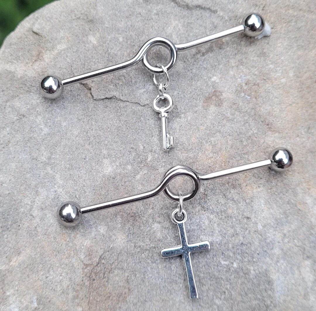 Industrial Barbell Silver Cross Key Piercing Dangle Charm Bar Jewelry ...
