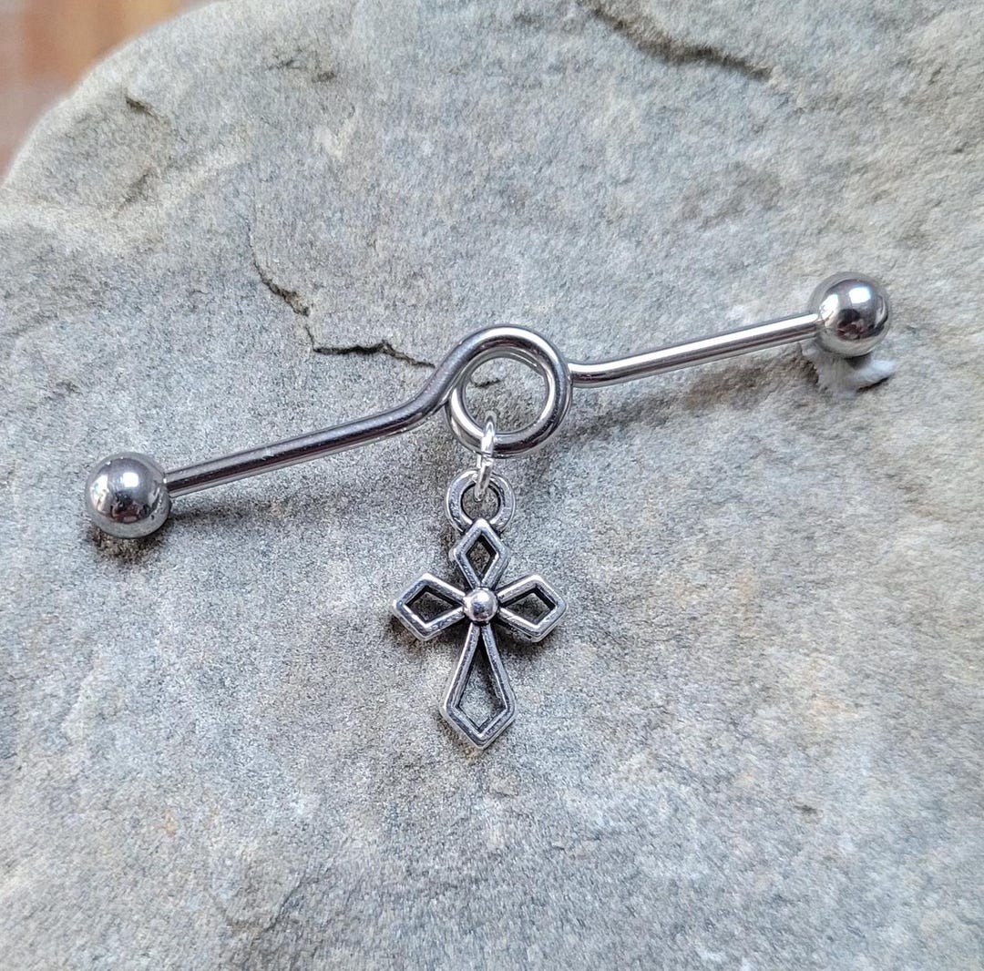 Industrial Barbell Silver Cross Piercing Dangle Charm Bar Jewelry ...