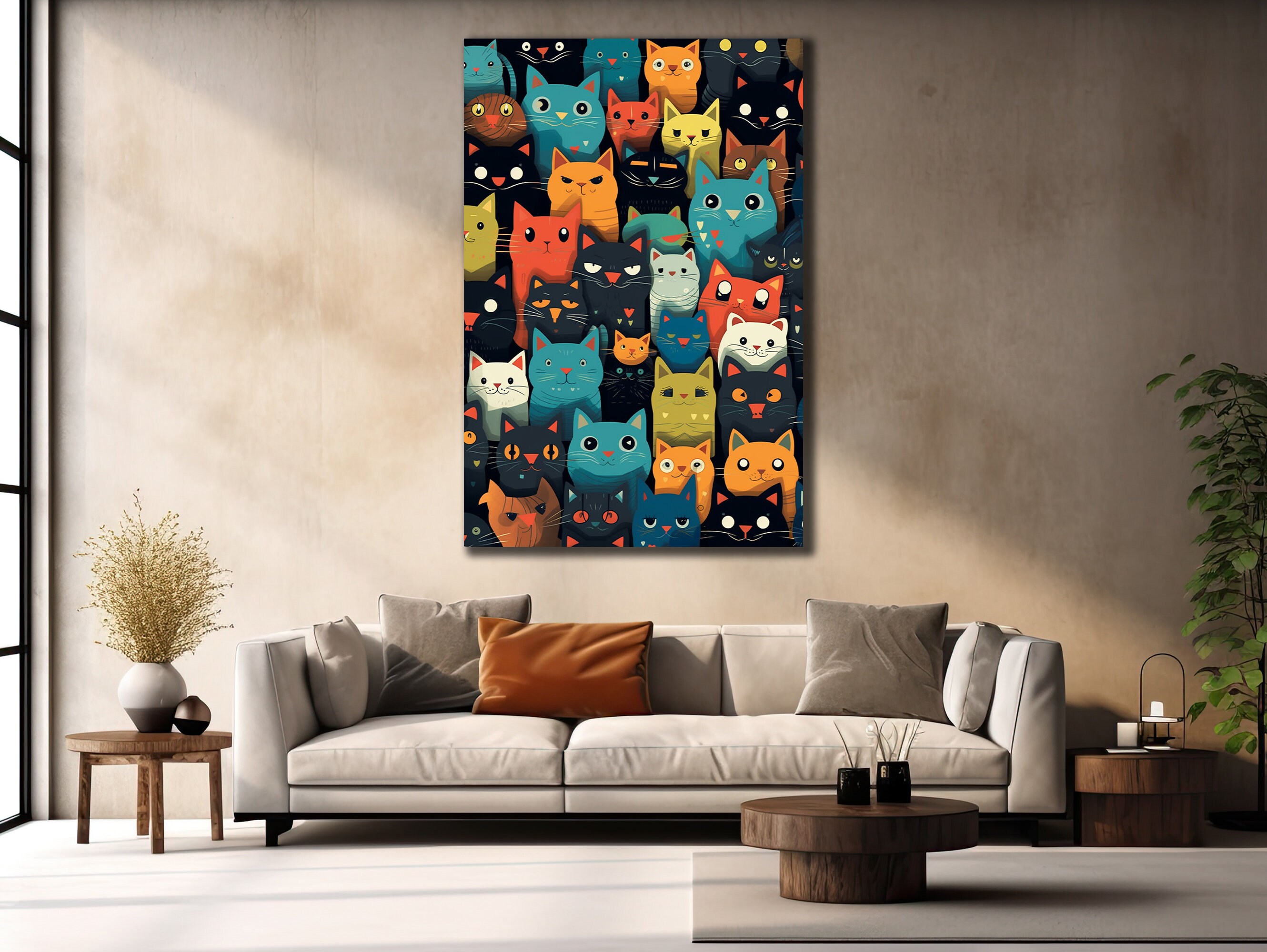 Colorful Cats Wall Art, Cute Cats Canvas Art, Animal Canvas, Cats ...