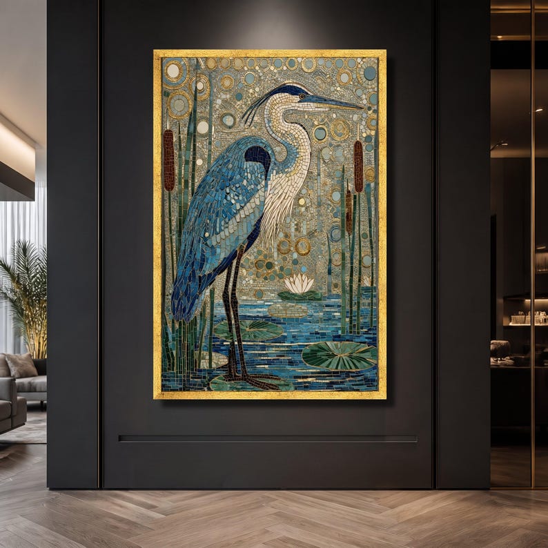 Blue Heron Mosaic Art Canvas, Water Lilies, Nature Wall Decor - Etsy