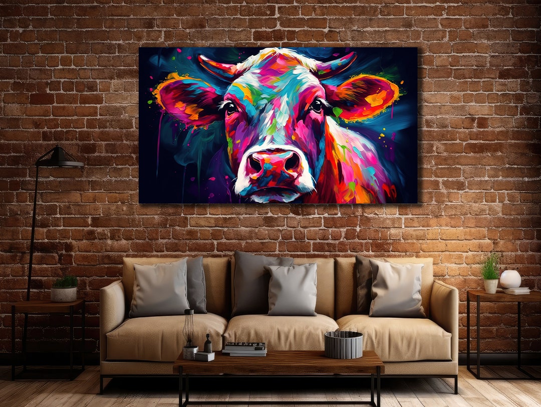 Colorful Cow Canvas Art, Cow Wall Decor, Cow Print Canvas, Graffiti Cow ...
