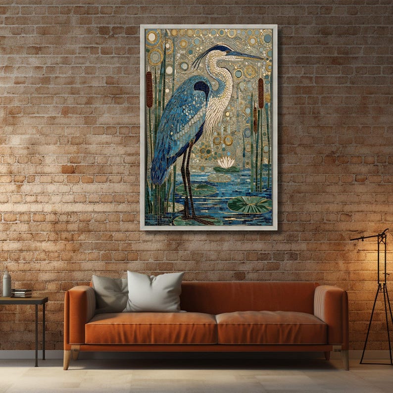 Blue Heron Mosaic Art Canvas, Water Lilies, Nature Wall Decor - Etsy