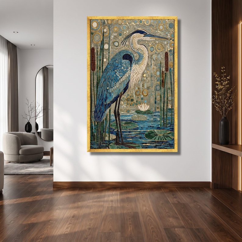 Blue Heron Mosaic Art Canvas, Water Lilies, Nature Wall Decor - Etsy