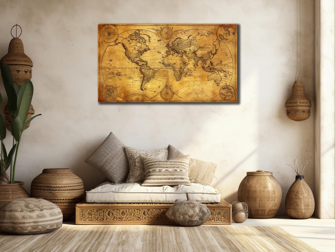 World Map Print Art, Extra Large Wall Art, Vintage Map Canvas Painting ...