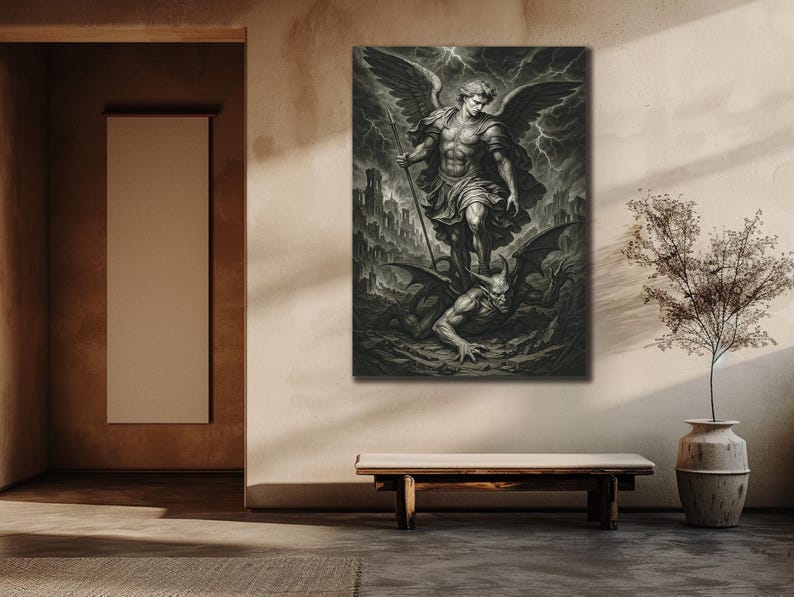 Archangel Michael Defeating Satan:gothic Angel Artwork, Mythical Canvas ...
