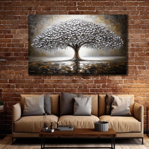 Silver Tree of Life Canvas Print: 3D Oil Painting, Minimalist Decor - Etsy