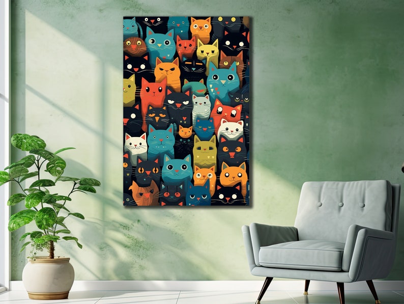 Colorful Cats Wall Art, Cute Cats Canvas Art, Animal Canvas, Cats ...