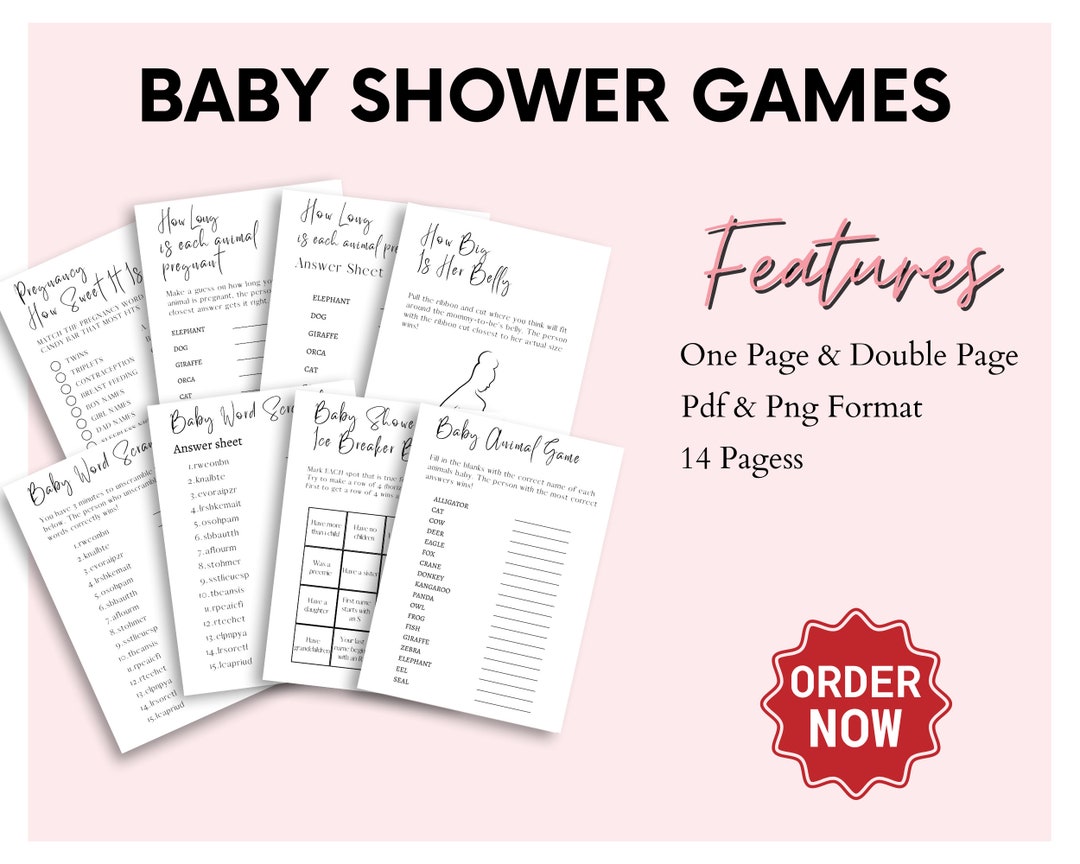 14 Page Baby Shower Game Bundle, White Minimalist Baby Shower Games ...