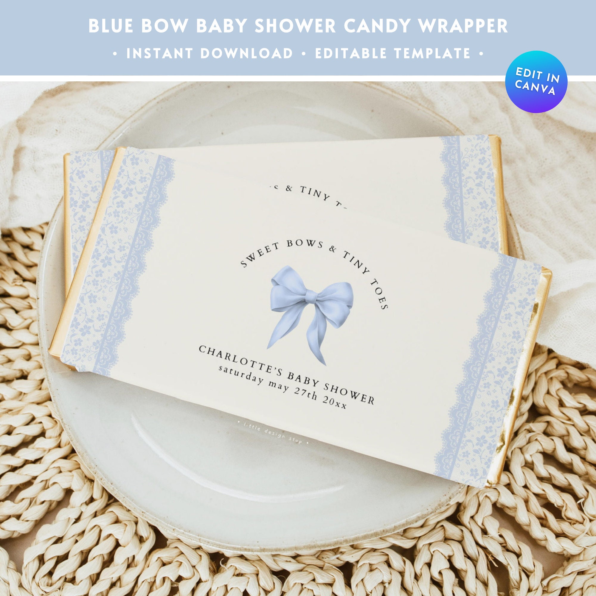 Blue Bow Baby Shower Chocolate Bar Wrapper, Blue Ribbon Coquette Baby ...