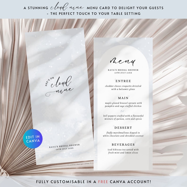 Cloud Nine Menu Bridal Shower, Minimalist She's on Cloud 9 Something ...