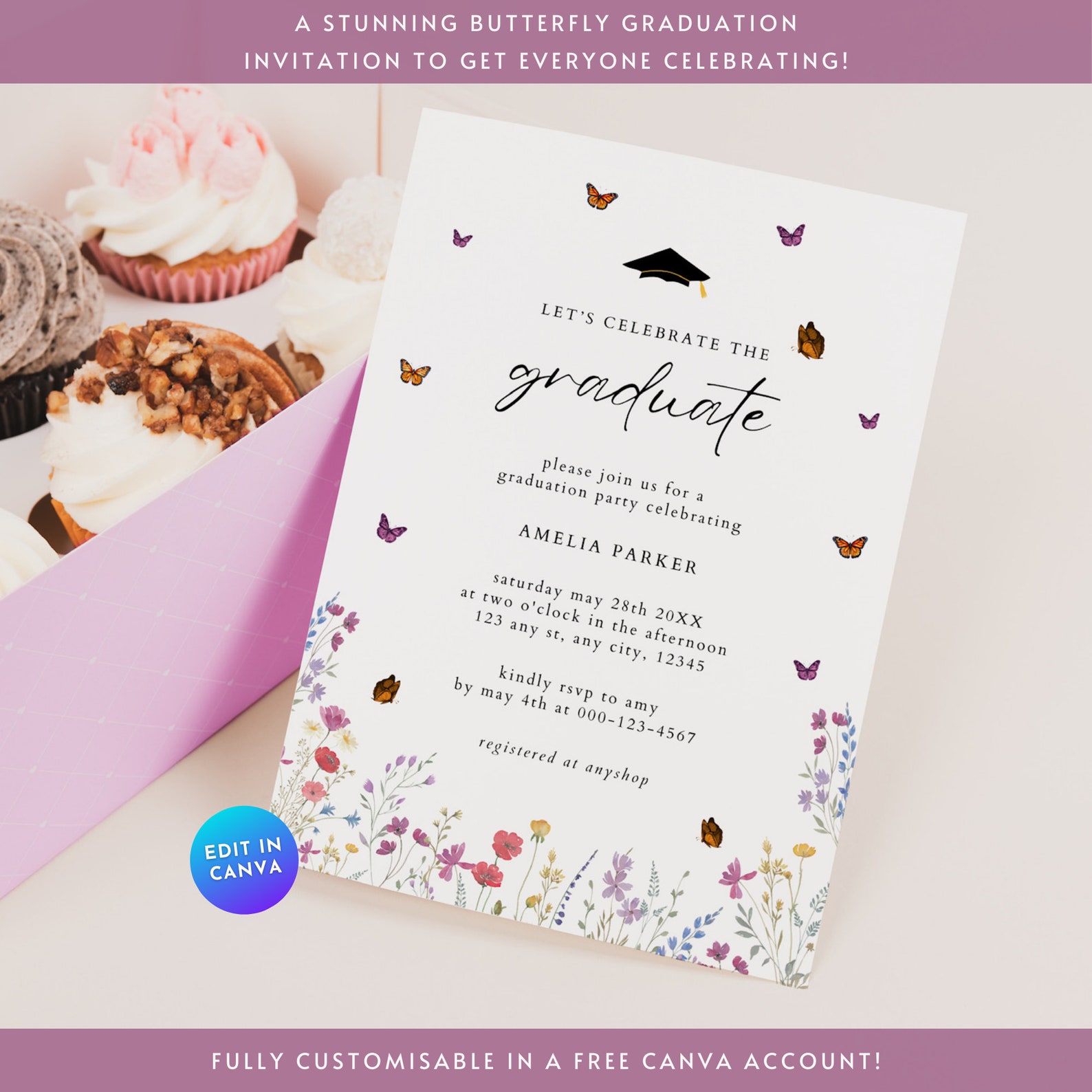 Wildflower Butterfly Graduation Invitation, DIY Photo Purple Graduate ...