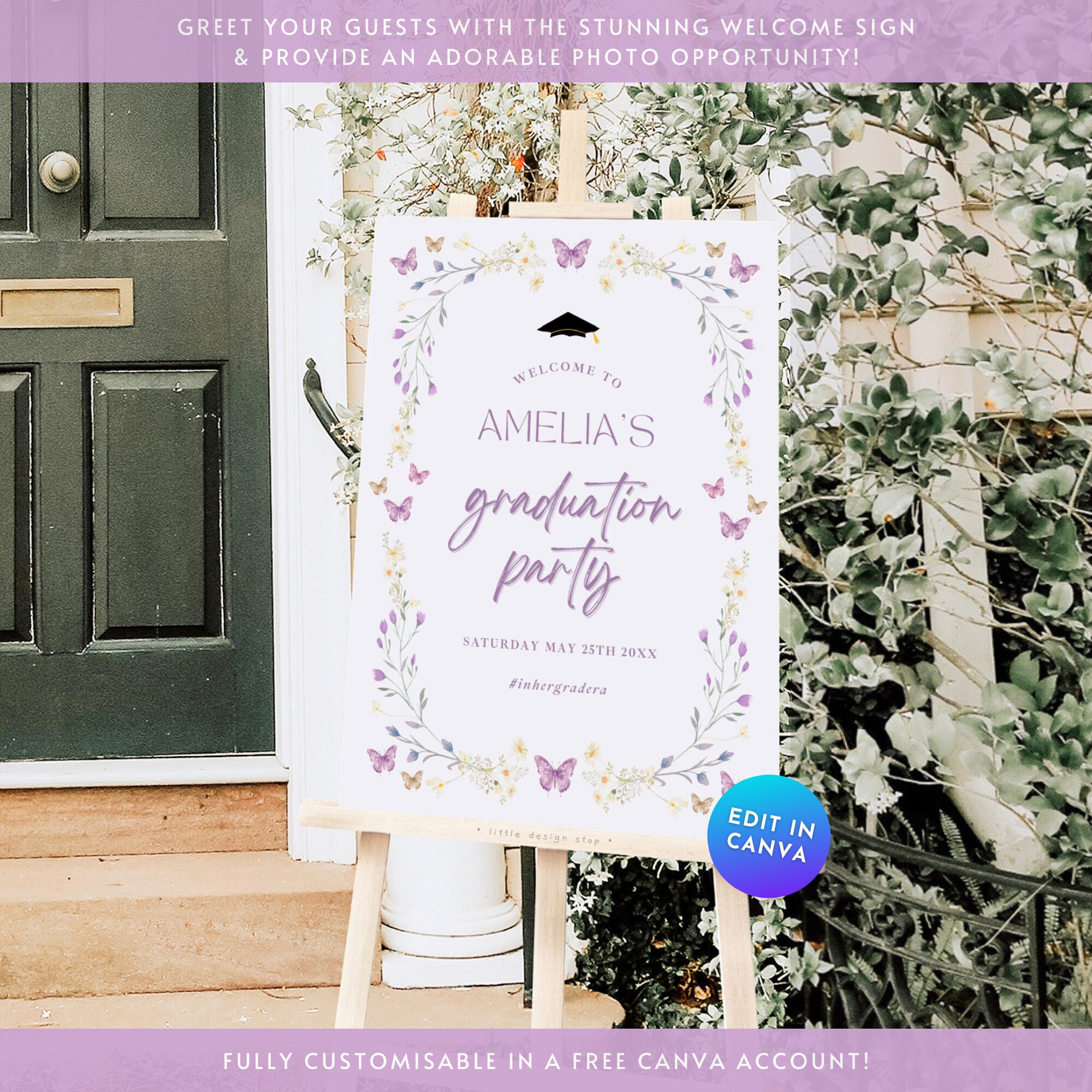 Butterfly Graduation Welcome Sign, Purple Lilac Wildflower Graduate ...