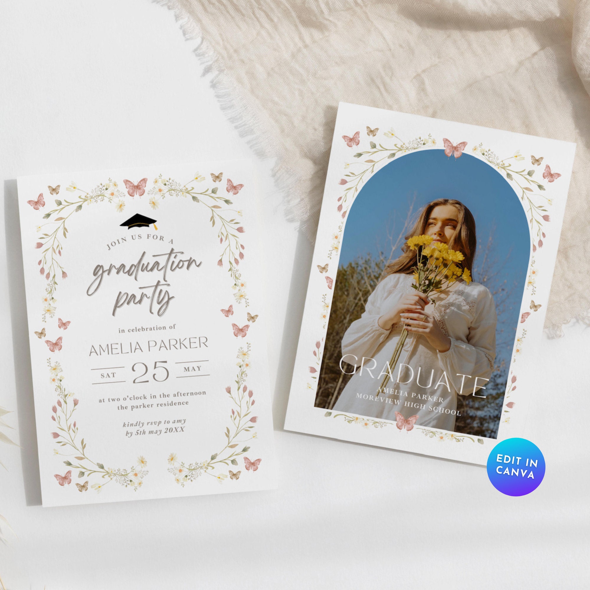 Wildflower Boho Graduation Invitation, Personalised Photo Pink Graduate ...