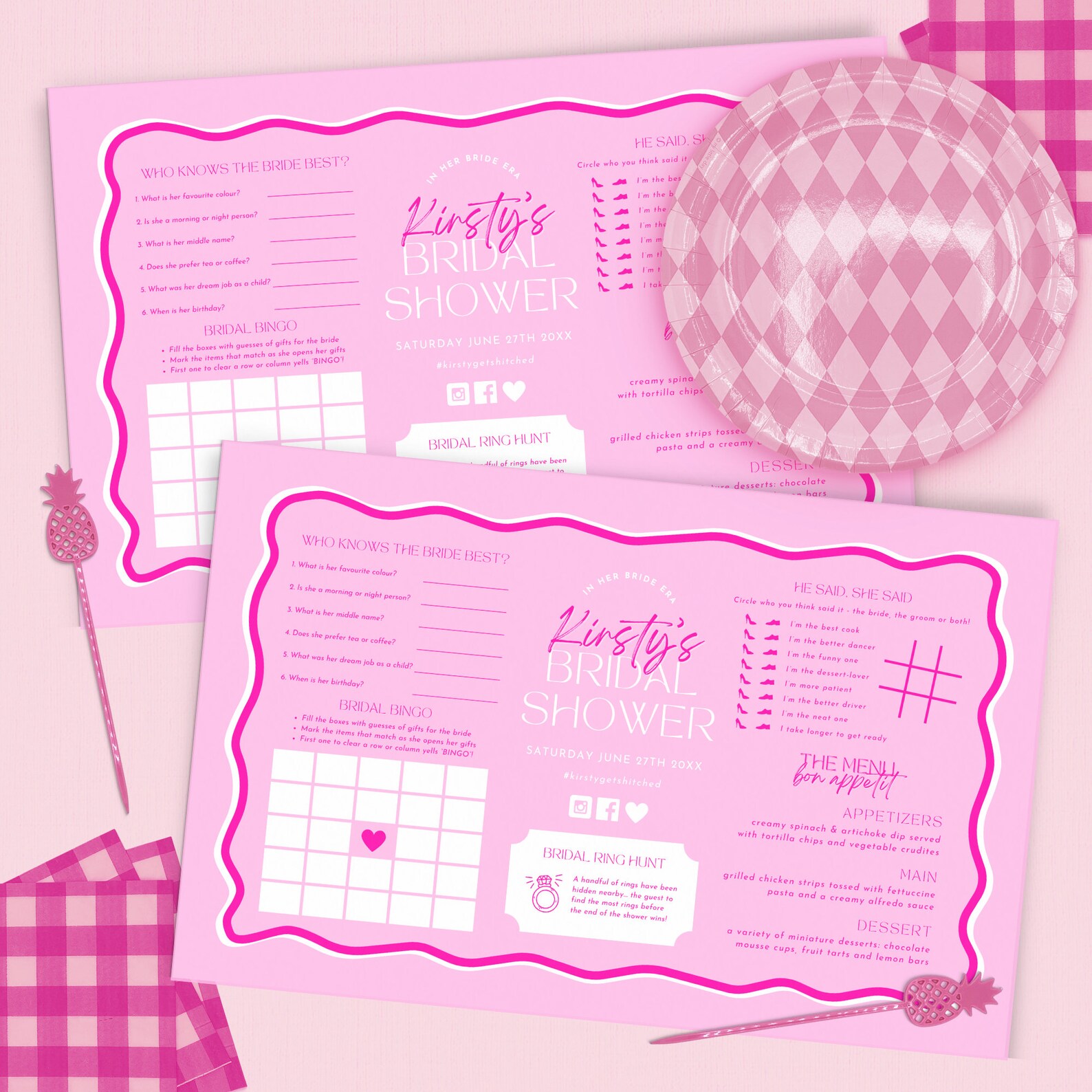 Bridal Shower Game Menu Placemat, Retro Pink Wavy Bachelorette Hen ...