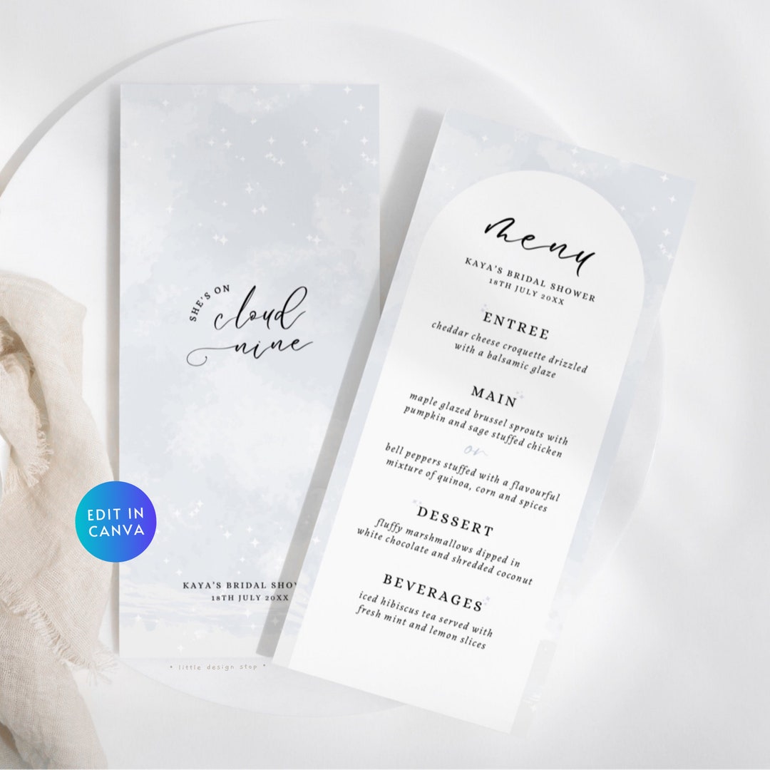 Cloud Nine Menu Bridal Shower, Minimalist She's on Cloud 9 Something ...