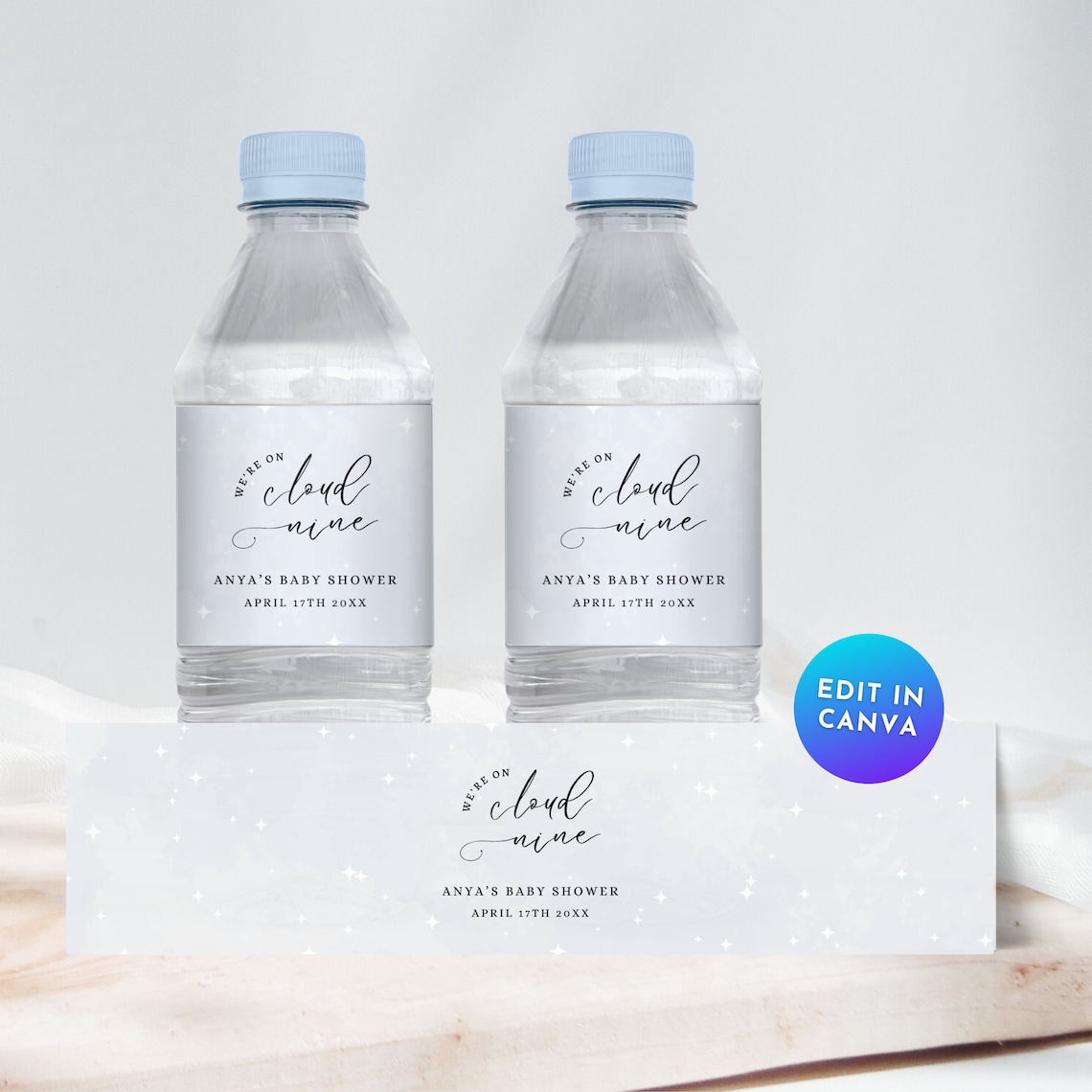 Cloud Nine Baby Shower Water Bottle Label, Editable Cloud 9 Bottle ...
