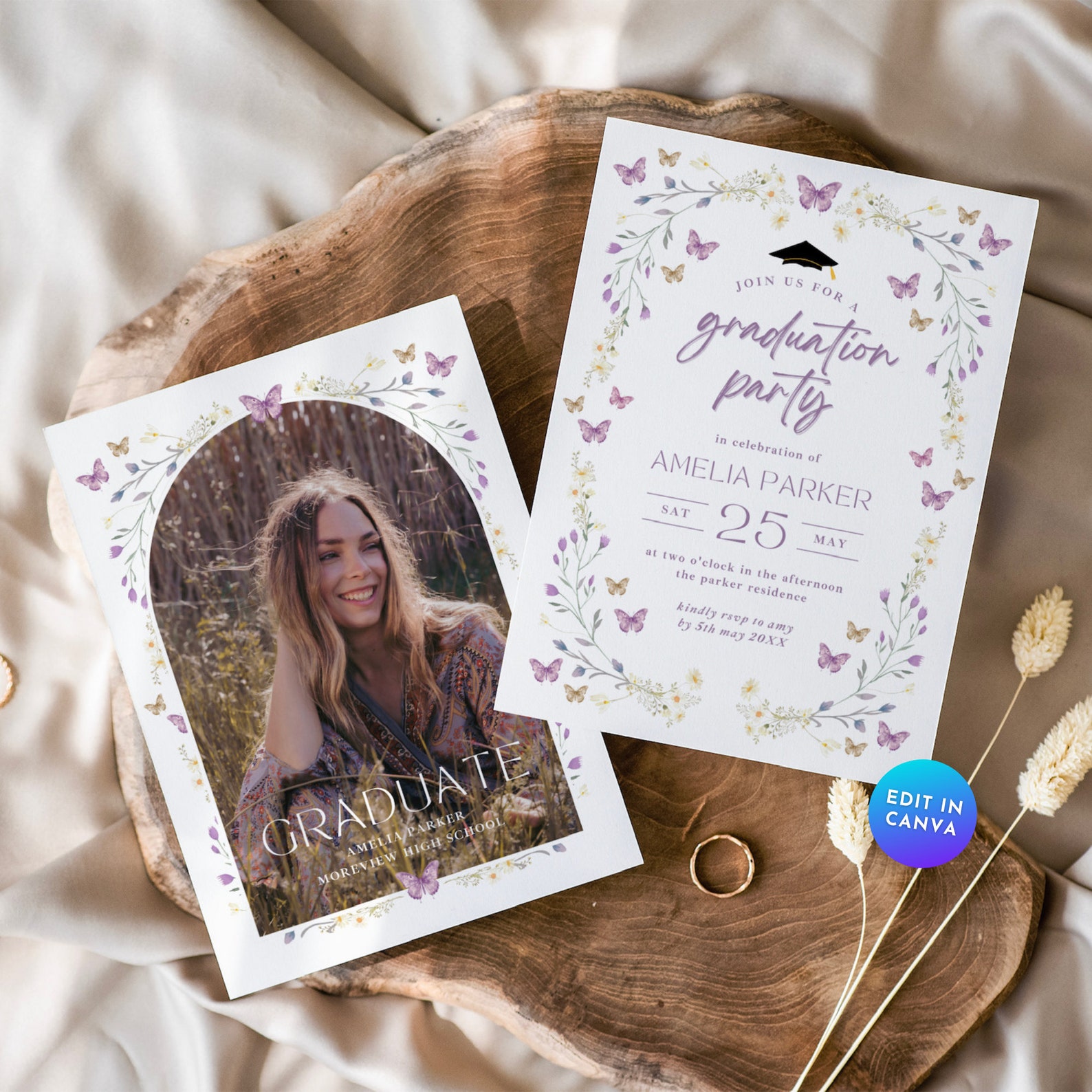 Lilac Butterfly Graduation Invitation, Photo Purple Graduate ...