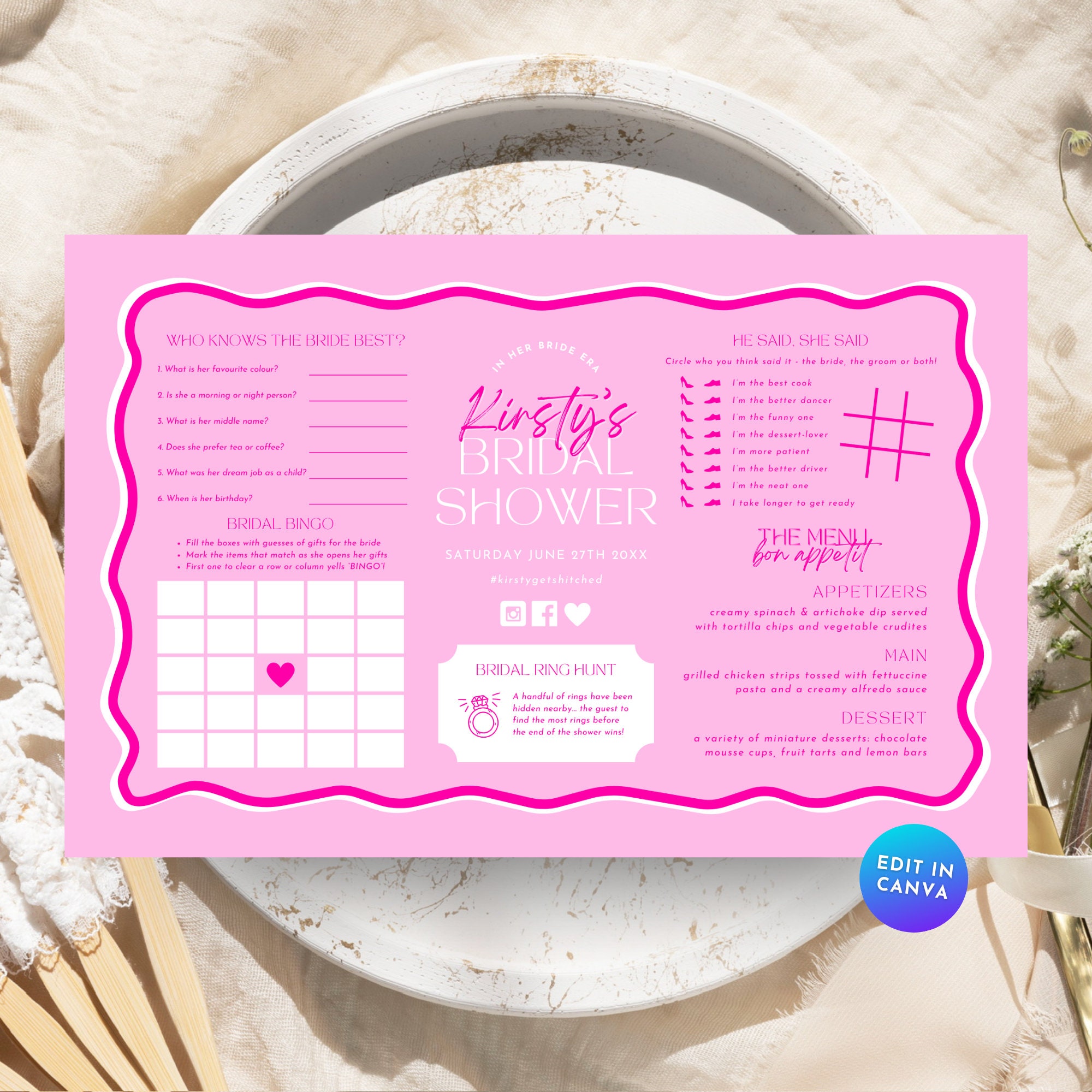 Bridal Shower Game Menu Placemat, Retro Pink Wavy Bachelorette Hen ...