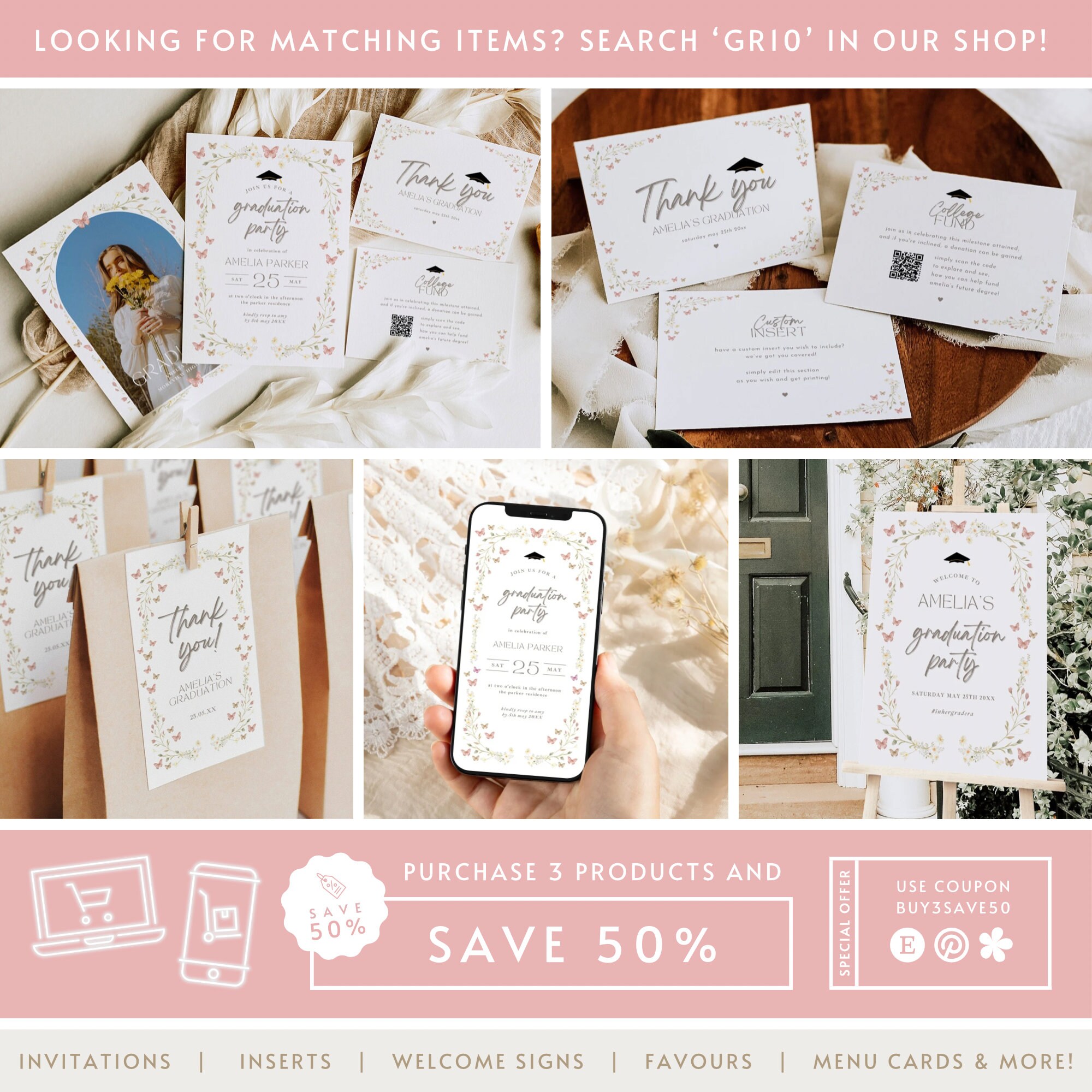 Wildflower Boho Graduation Bundle, Photo Pink Butterfly Graduate ...