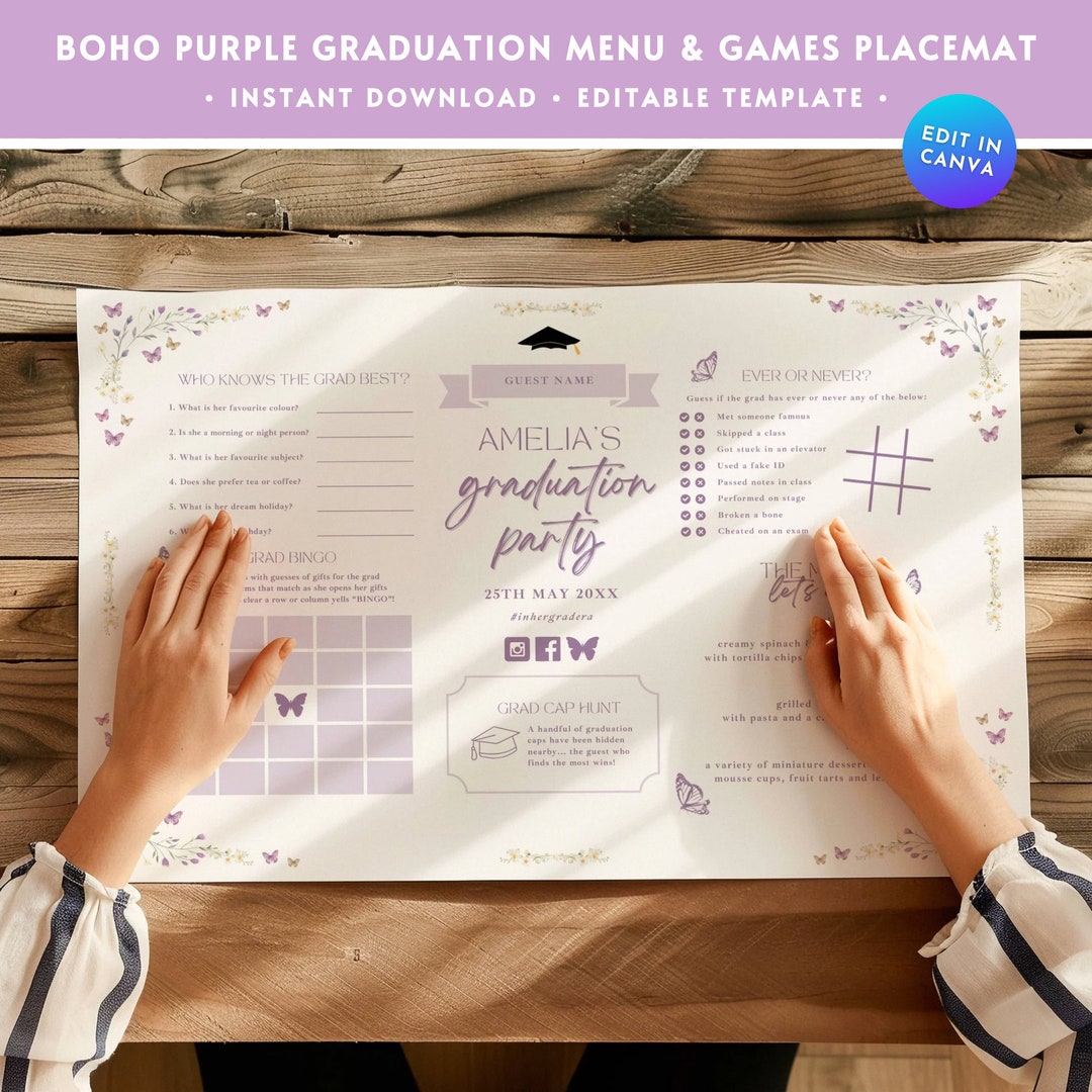 Purple Graduation Game Menu Placemat, Butterfly Floral Graduate Party ...