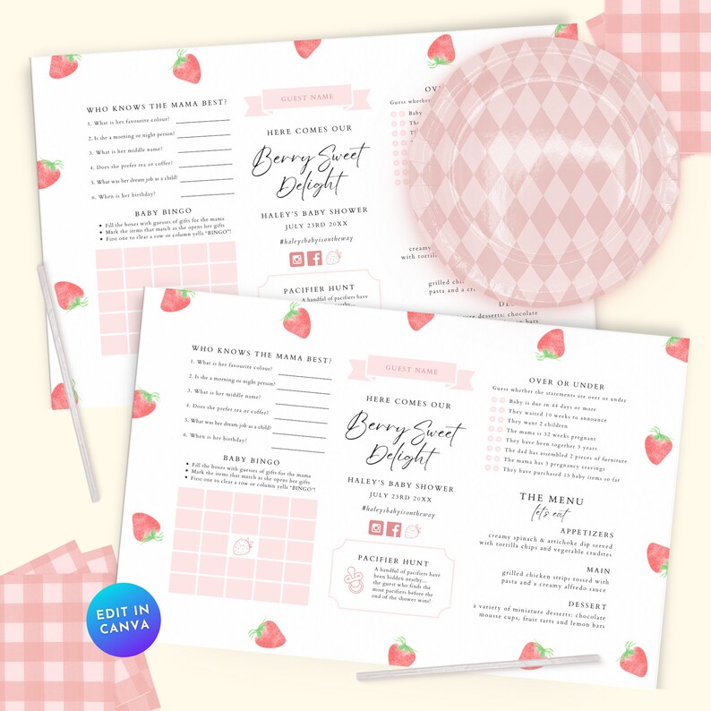 Berry Sweet Baby Shower Game Menu Placemat, Red Pink Strawberry Baby ...