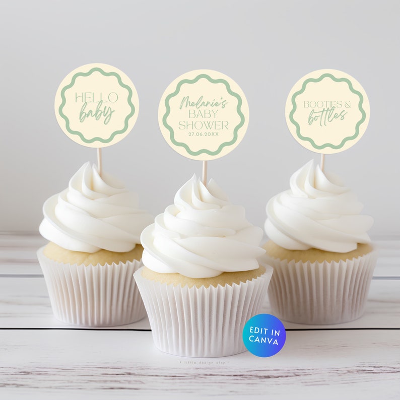 Sage Green Cupcake Toppers Baby Shower, Editable Retro Wavy Cake Label ...
