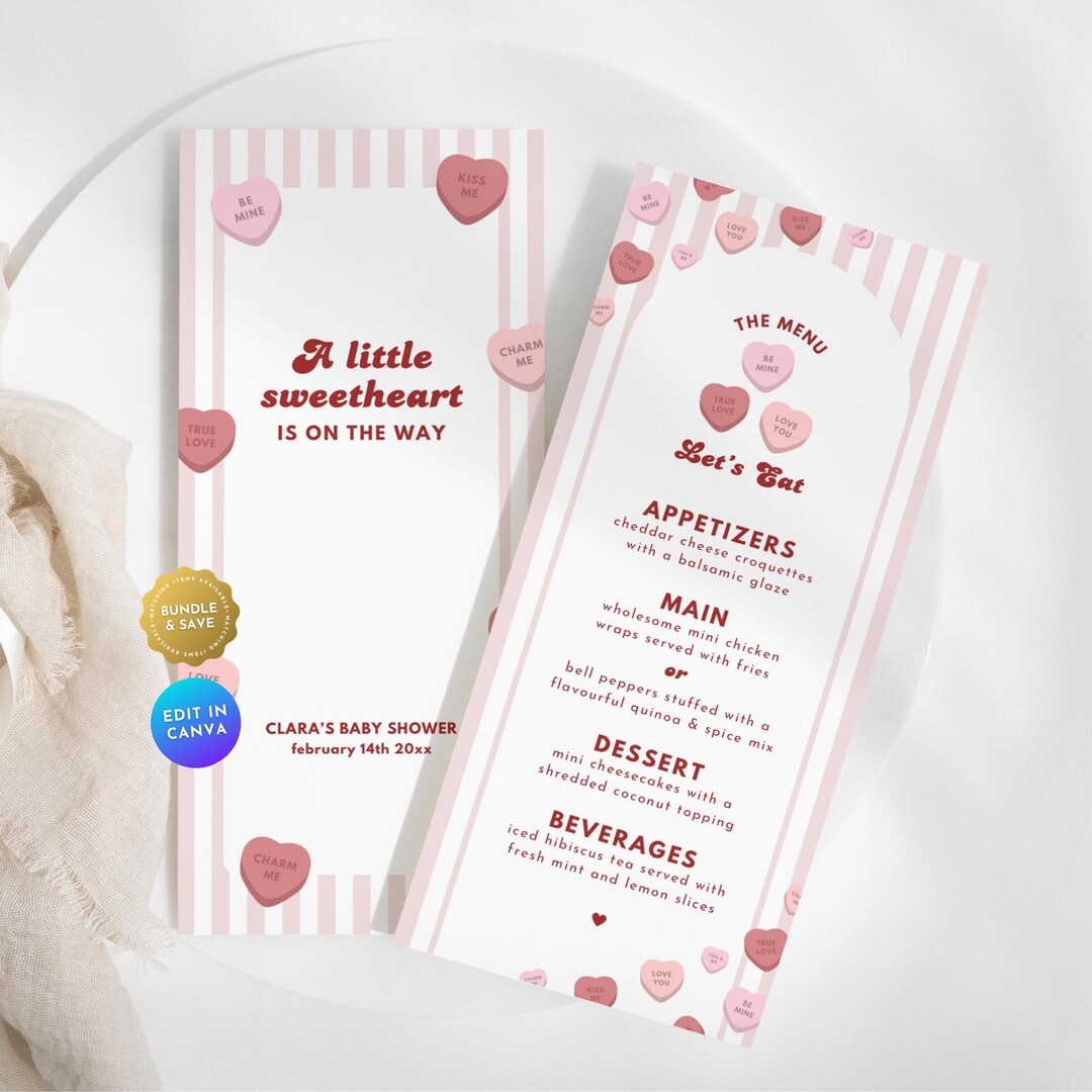 Little Sweetheart Baby Shower Menu Card, Candy Love Heart February Baby ...