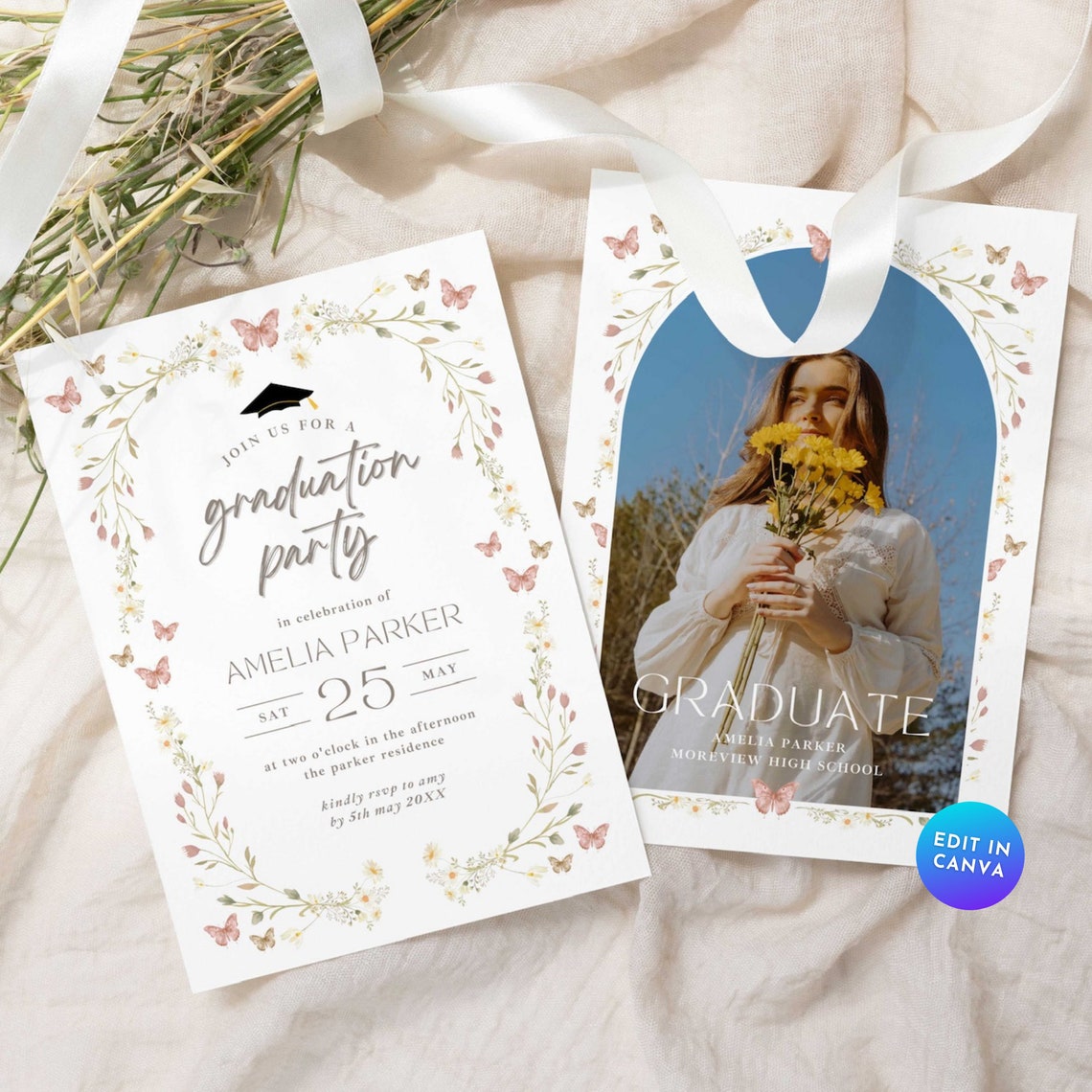 Wildflower Boho Graduation Invitation, Personalised Photo Pink Graduate ...