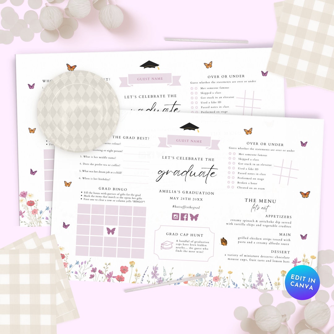 Wildflower Graduation Game Menu Placemat, Purple Boho Floral Graduate ...