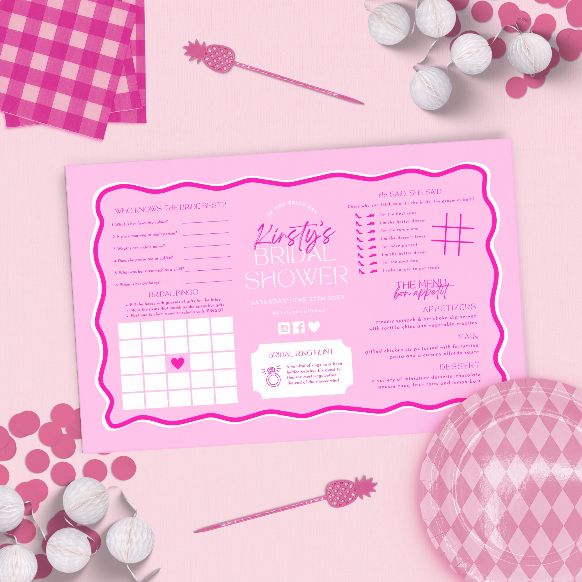Bridal Shower Game Menu Placemat, Retro Pink Wavy Bachelorette Hen ...