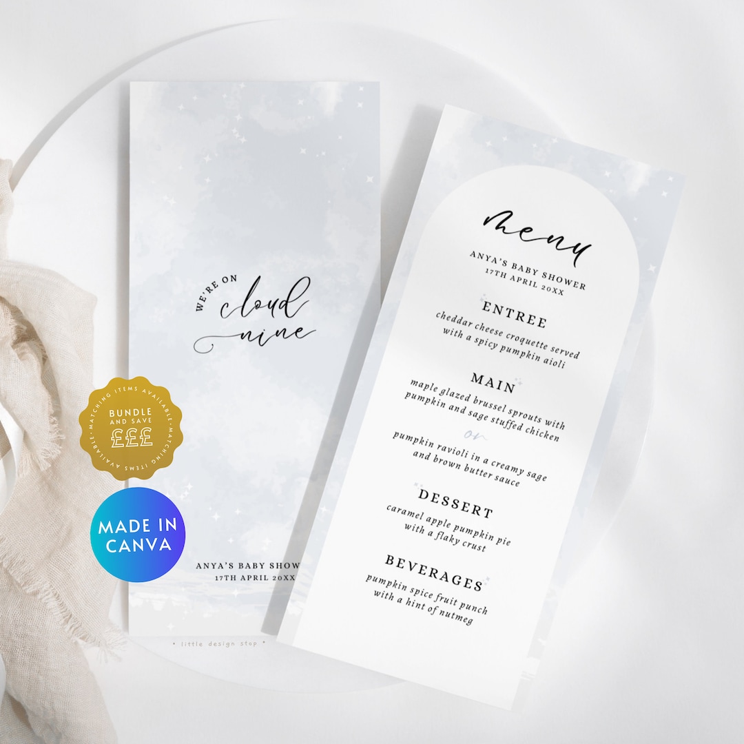 On Cloud Nine Menu Card Baby Shower, Minimalist Editable We’re on Cloud ...