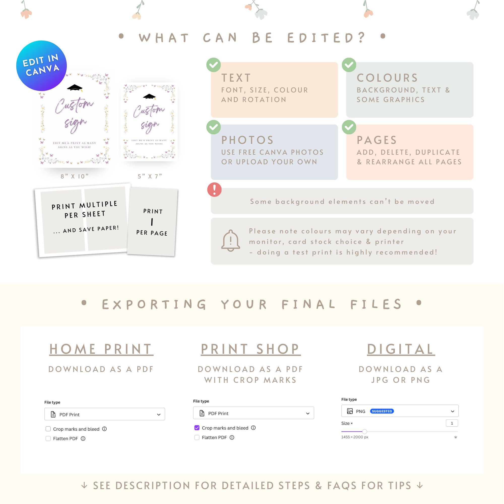 Boho Graduation Table Sign Bundle Template, Editable Purple Floral ...