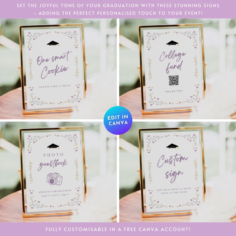 Boho Graduation Table Sign Bundle Template, Editable Purple Floral ...