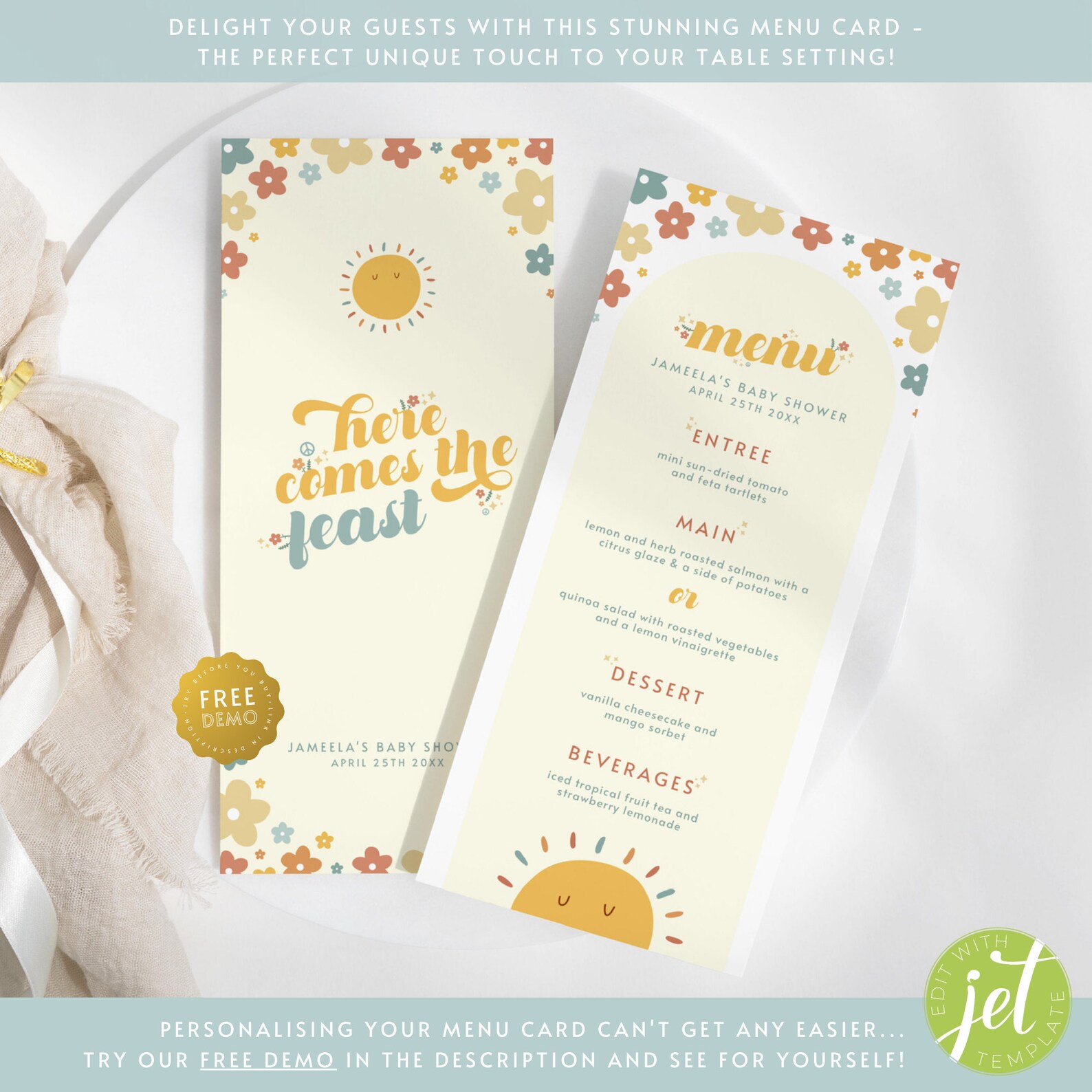Sunshine Baby Shower Menu Card, Boho Here Comes the Sun Baby Program ...