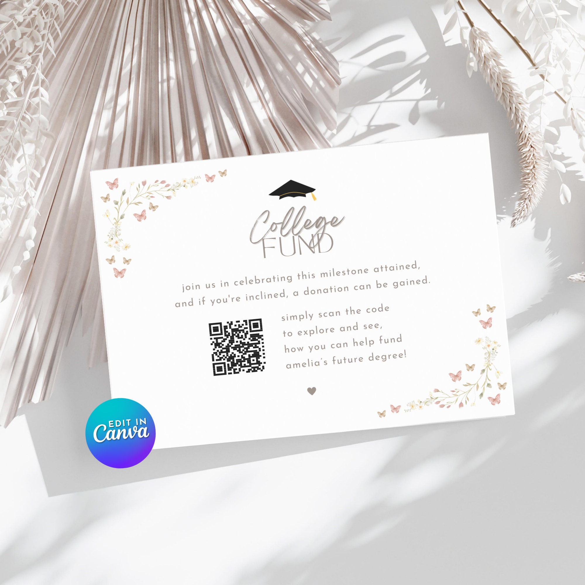 QR Code College Fund Graduation Insert, Pink Floral Graduate Donation ...