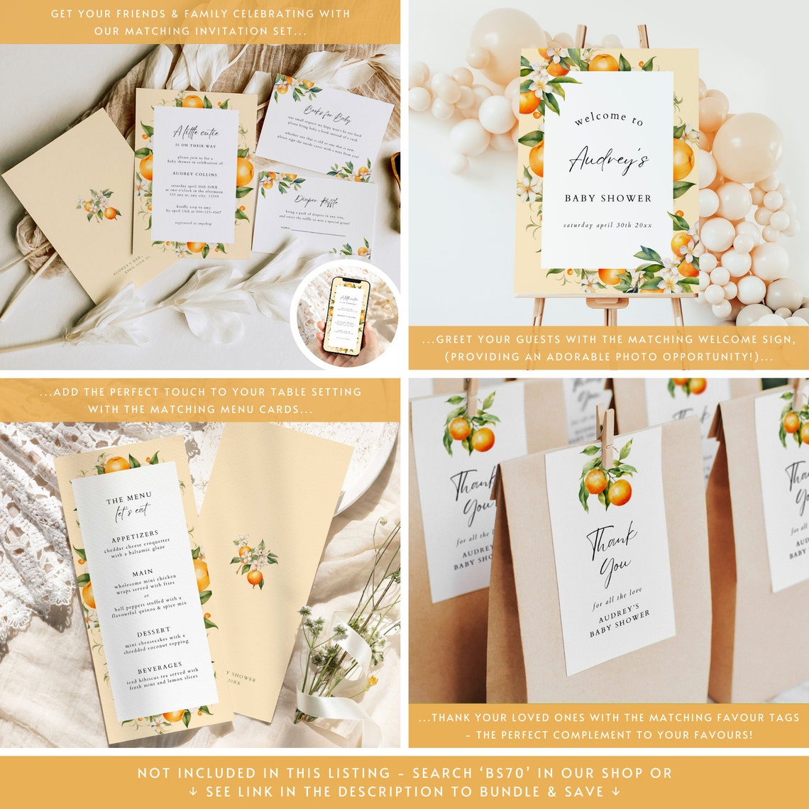 Citrus Baby Shower Menu Card, Little Cutie Orange DIY Dinner Menu Set ...