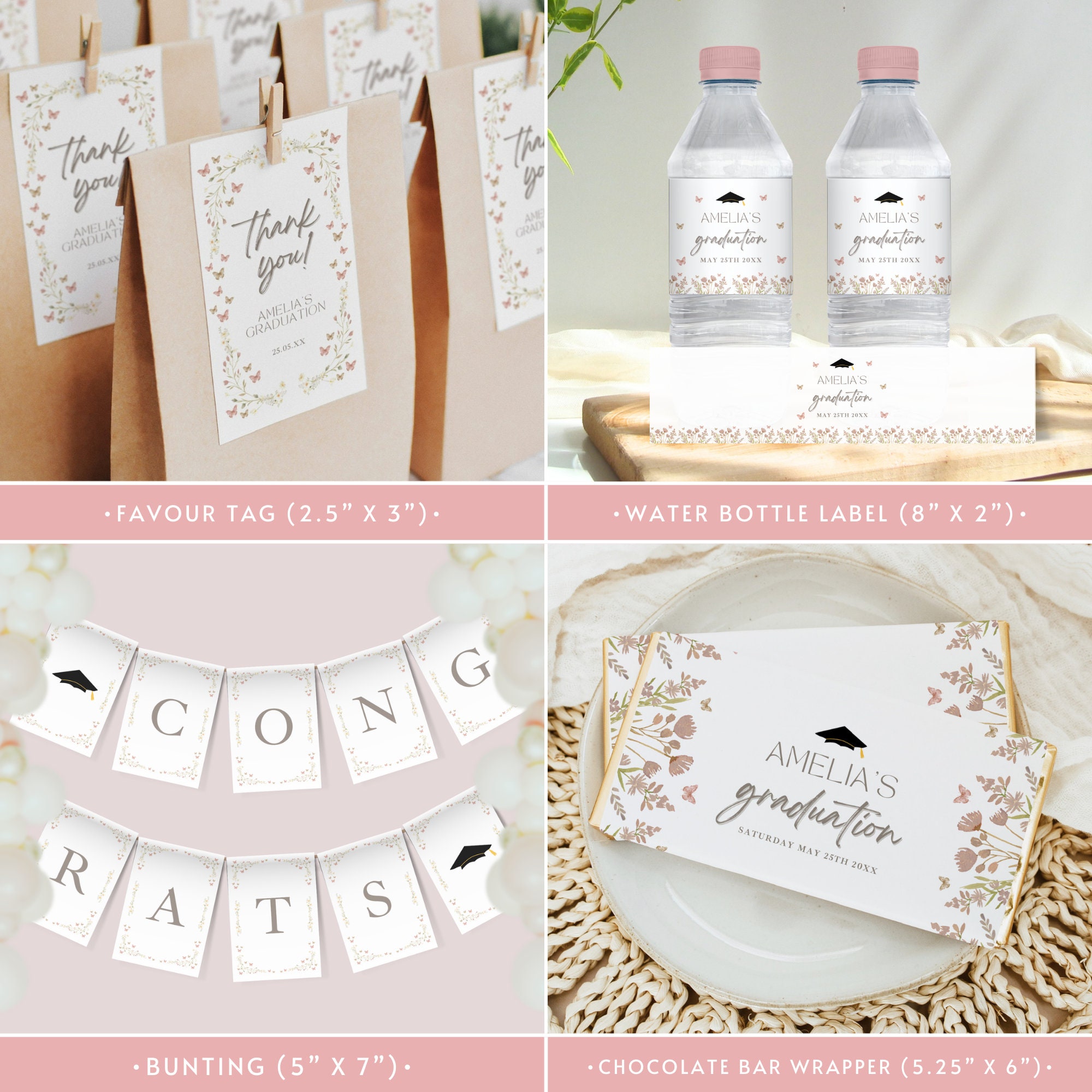 60+ Boho Pink Graduation Bundle, Floral Graduate Party Decor Set ...
