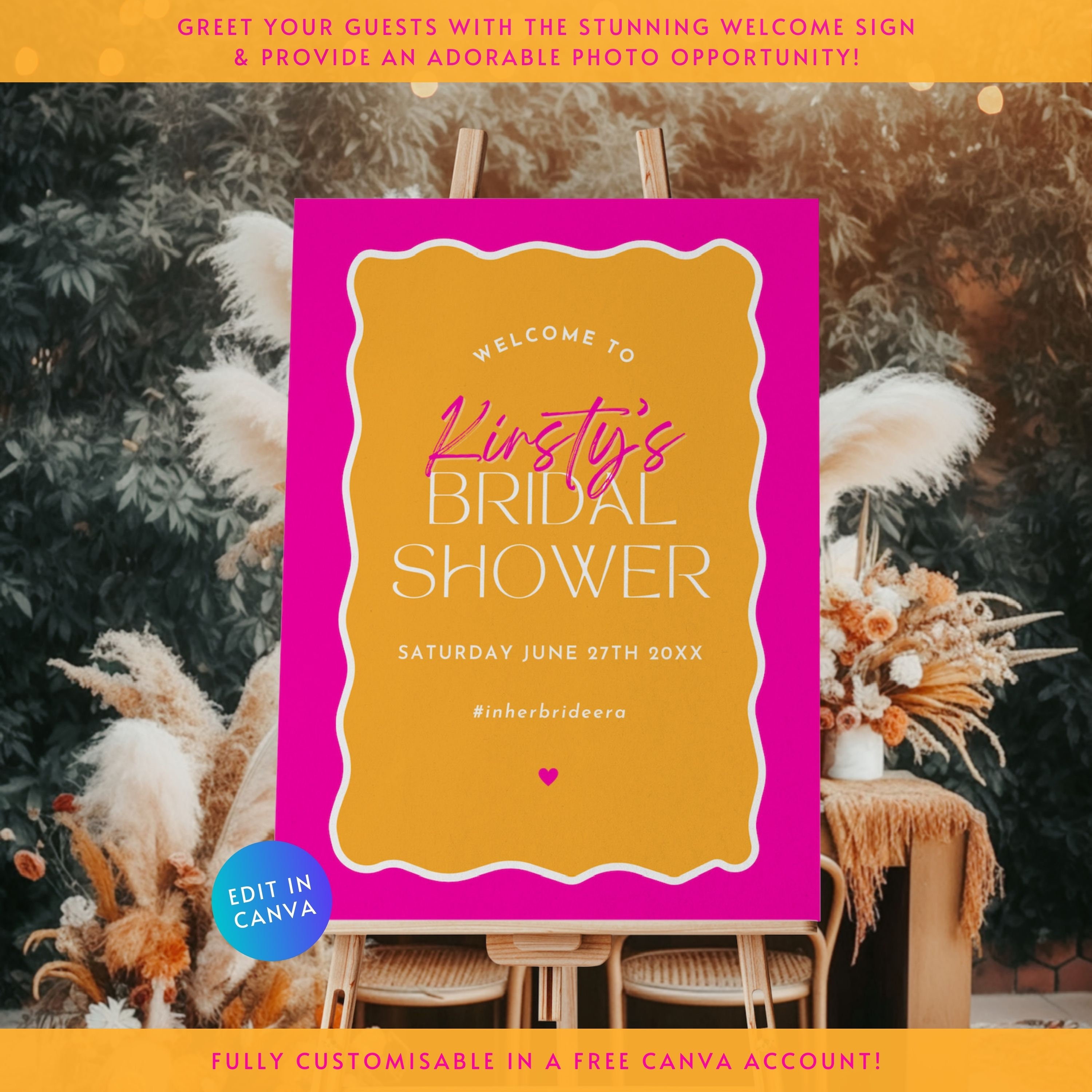 Pink Orange Welcome Sign Bridal Shower, Hot Pink Retro Bachelorette ...