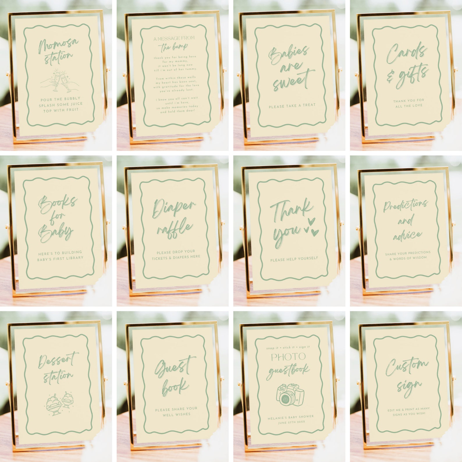 Sage Wavy Baby Shower Sign BUNDLE, Editable Green Retro Gender Reveal ...