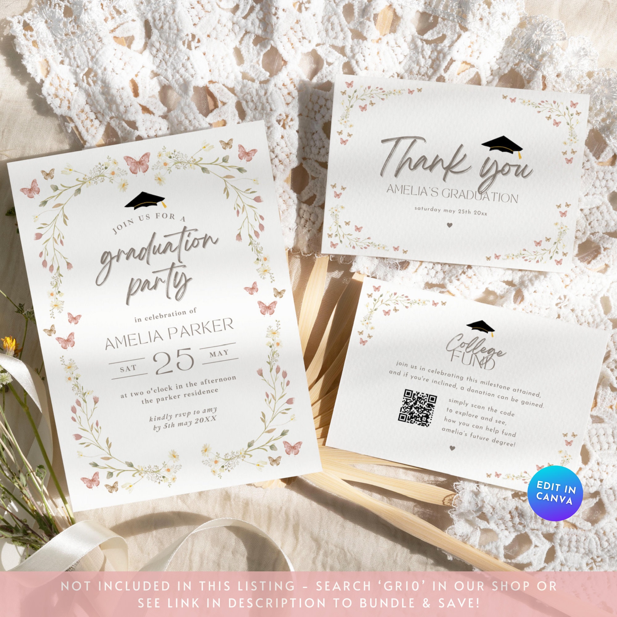 QR Code College Fund Graduation Insert, Pink Floral Graduate Donation ...