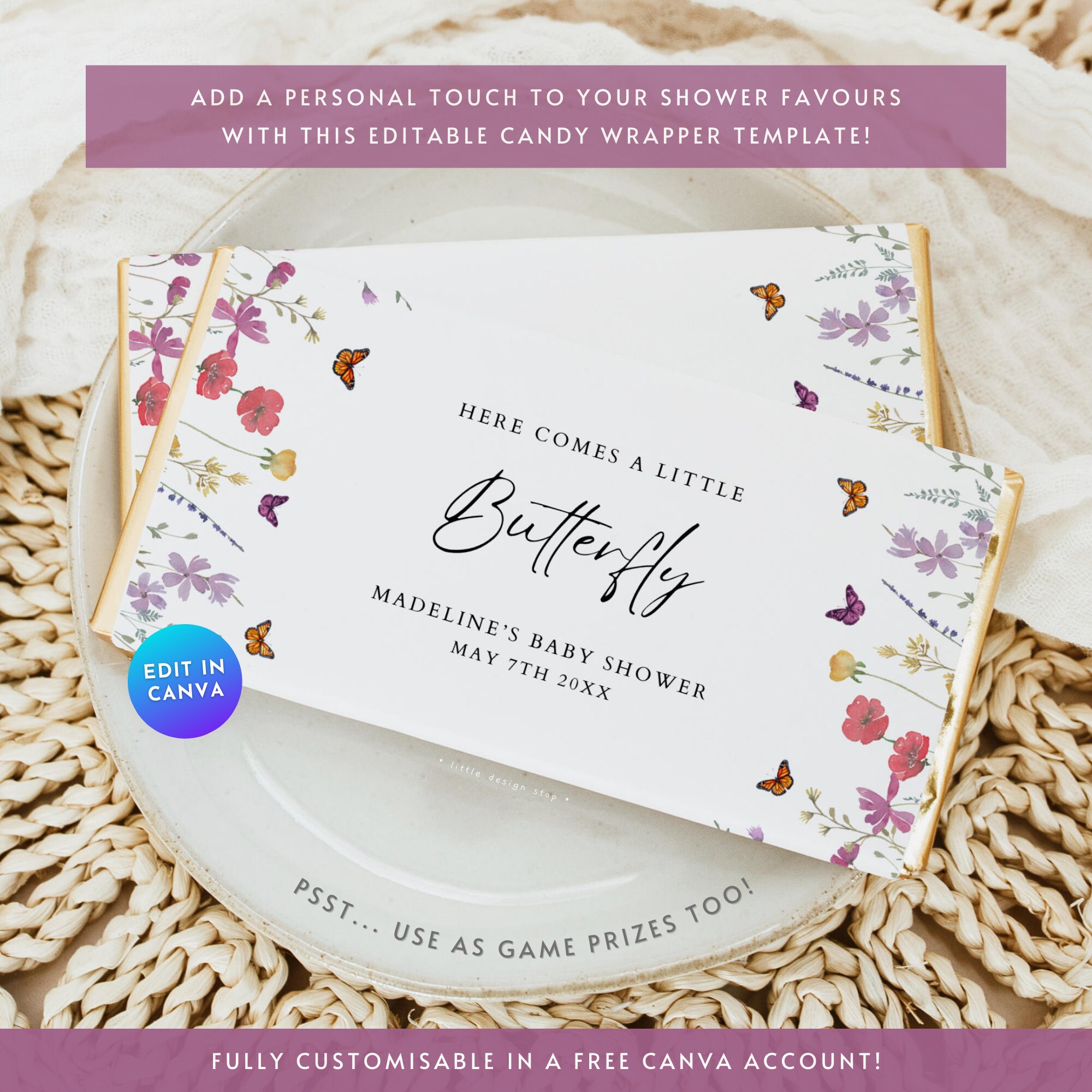 Butterfly Baby Shower Candy Wrapper, Editable Wildflower Chocolate Bar ...