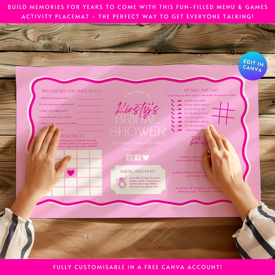 Bridal Shower Game Menu Placemat, Retro Pink Wavy Bachelorette Hen ...