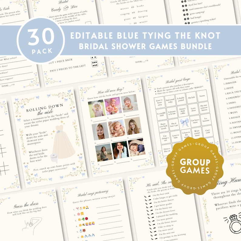 Tying the Knot Bridal Shower Game BUNDLE, Something Blue Bow ...