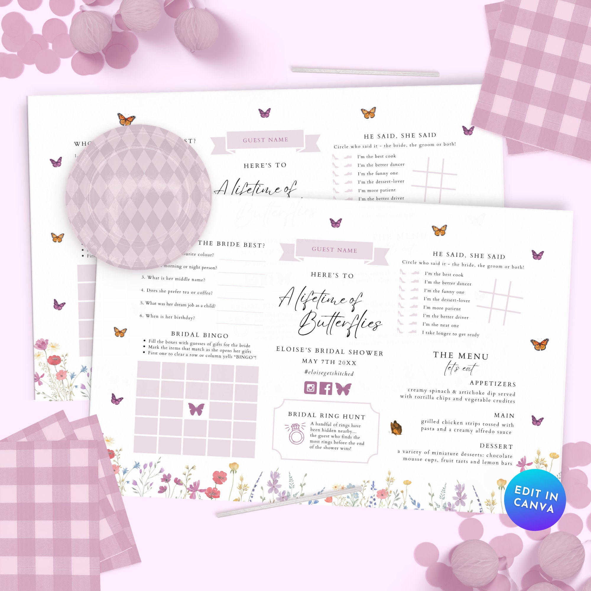 Butterfly Bridal Shower Game Menu Placemat, Purple Wildflower ...