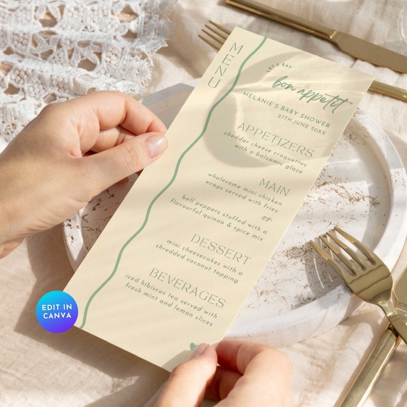 Sage Green Menu Baby Shower, Minimalist Editable Boho Wavy Retro Modern ...