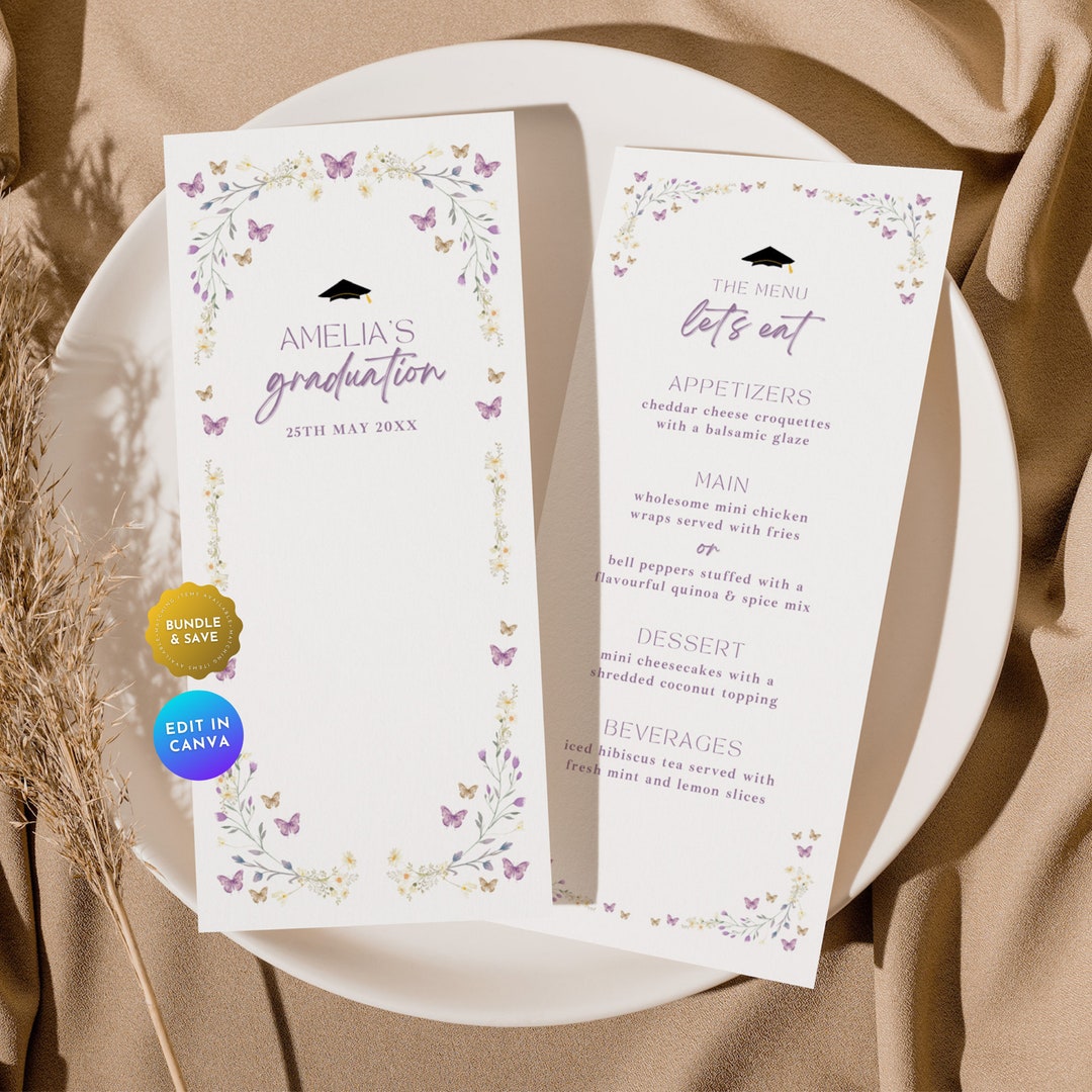 Butterfly Graduation Menu Card, Purple Graduate Dinner Menu Program ...