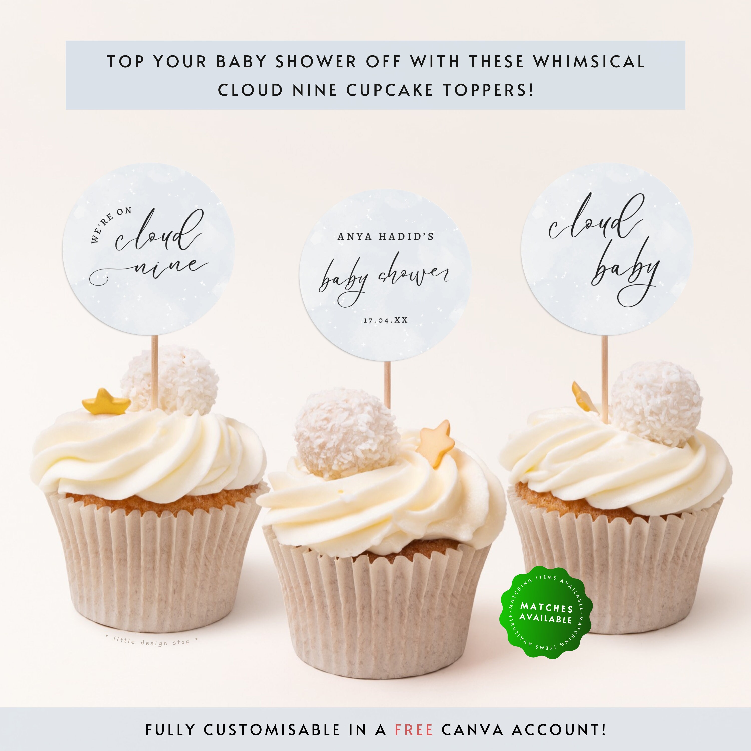 Cloud Nine Baby Shower Cupcake Toppers, Editable We're on Cloud 9 ...