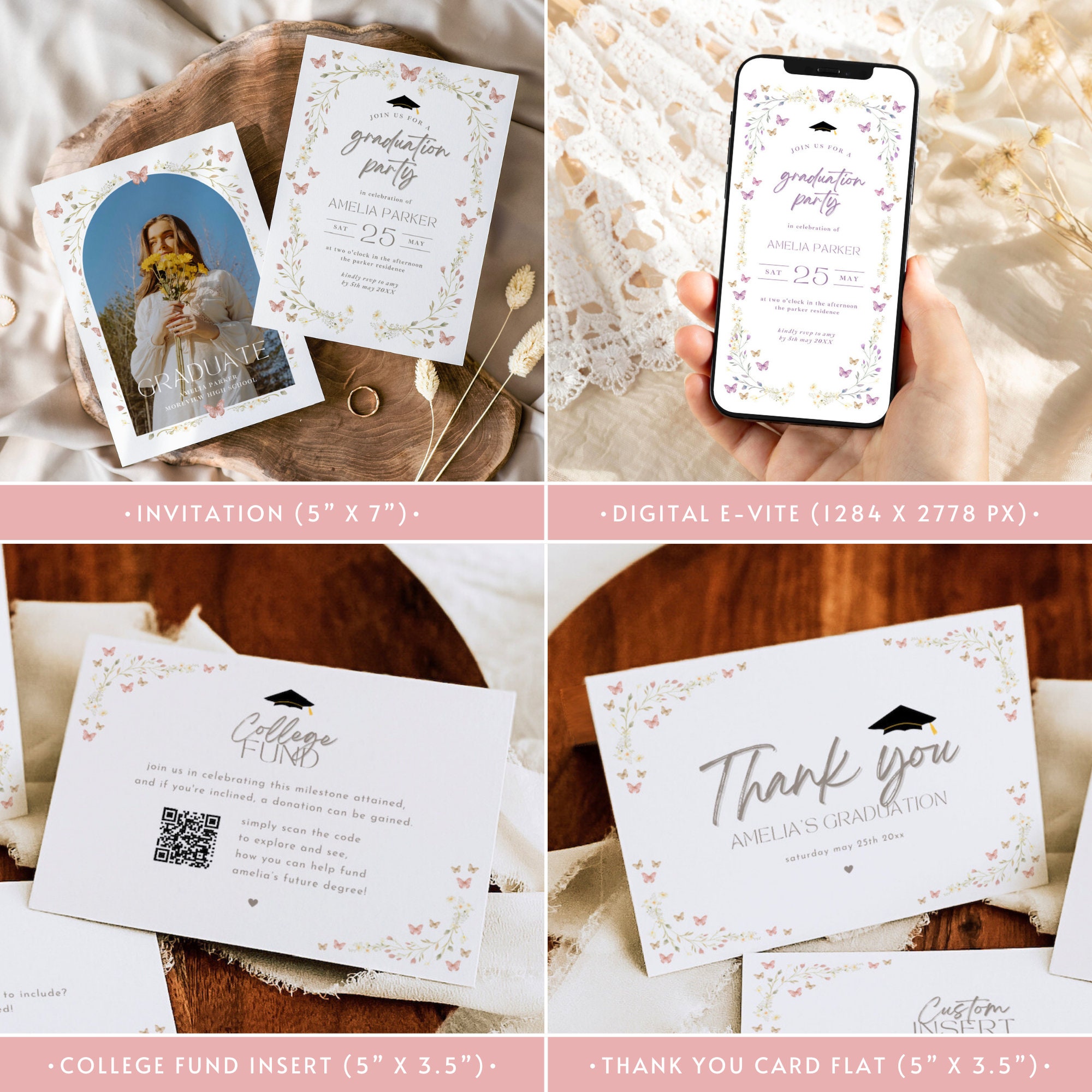 60+ Boho Pink Graduation Bundle, Floral Graduate Party Decor Set ...